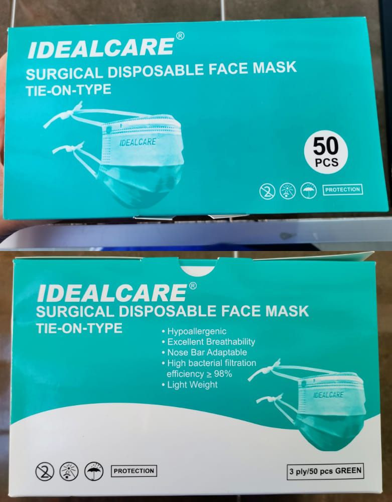 IDEALCARE DISPOSABLE 3PLY SURGICAL FACE MASK TIE-ON/EAR-LOOP 50'S ...